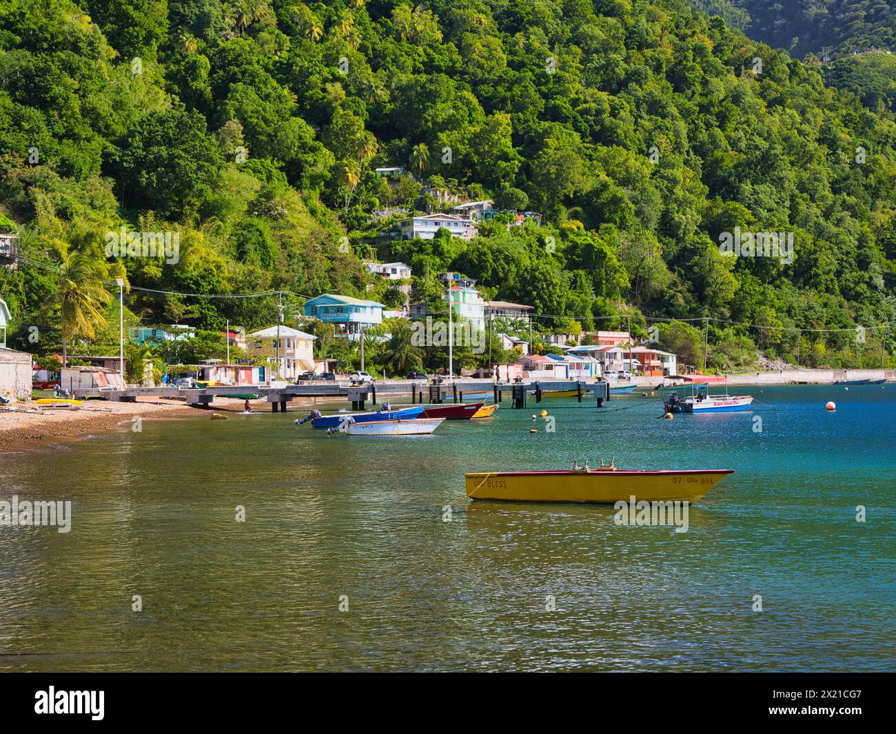Soufriere, Dominica - Jan 27 2024: Small fishing boats at Soufriere on ...