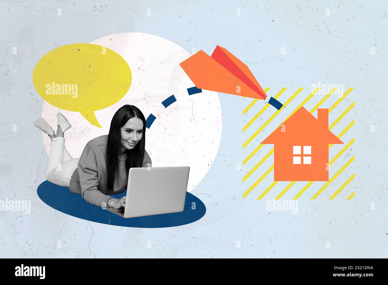 Creative collage picture young lying woman laptop typing message send ...