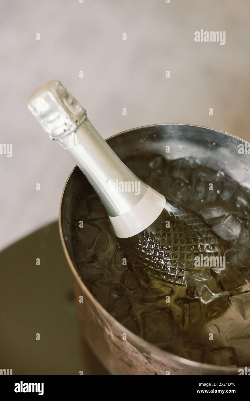 Chilled champagne bottle in bucket ready for celebration Stock Photo ...
