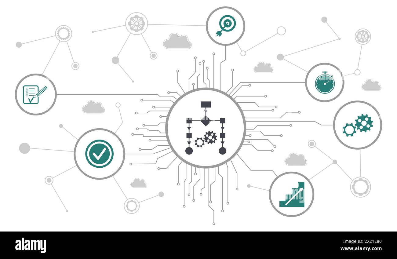 Concept of workflow with connected icons Stock Photo - Alamy