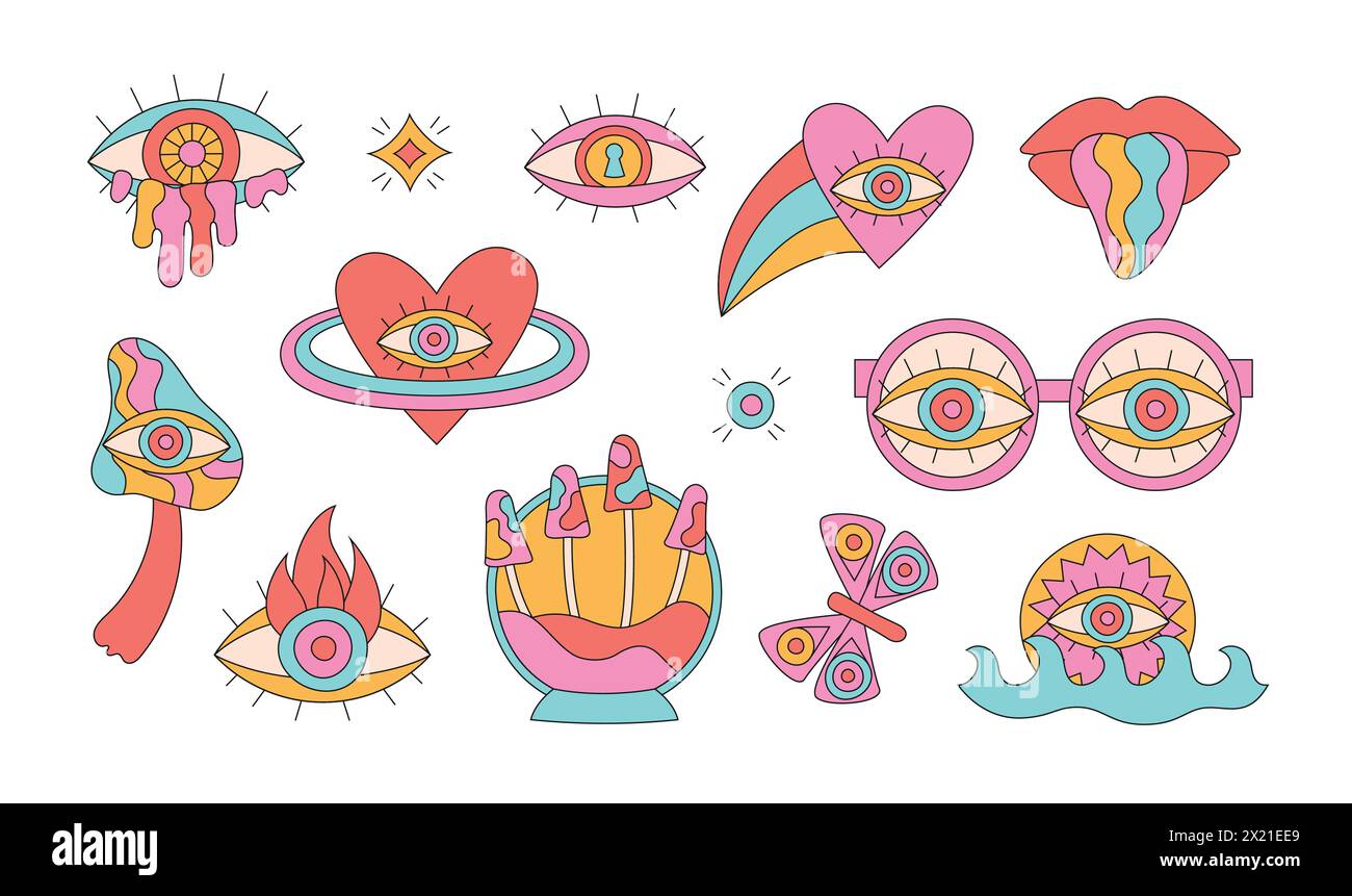 Retro groovy hippie abstract glasses, heart, eye, mouth, mushroom ...