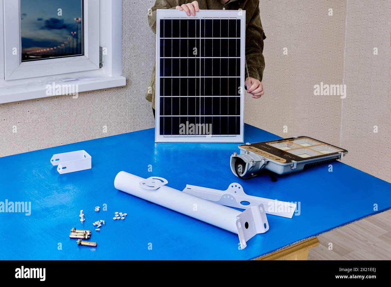 Solar panel and led street light prepare for fixation on pole mount ...