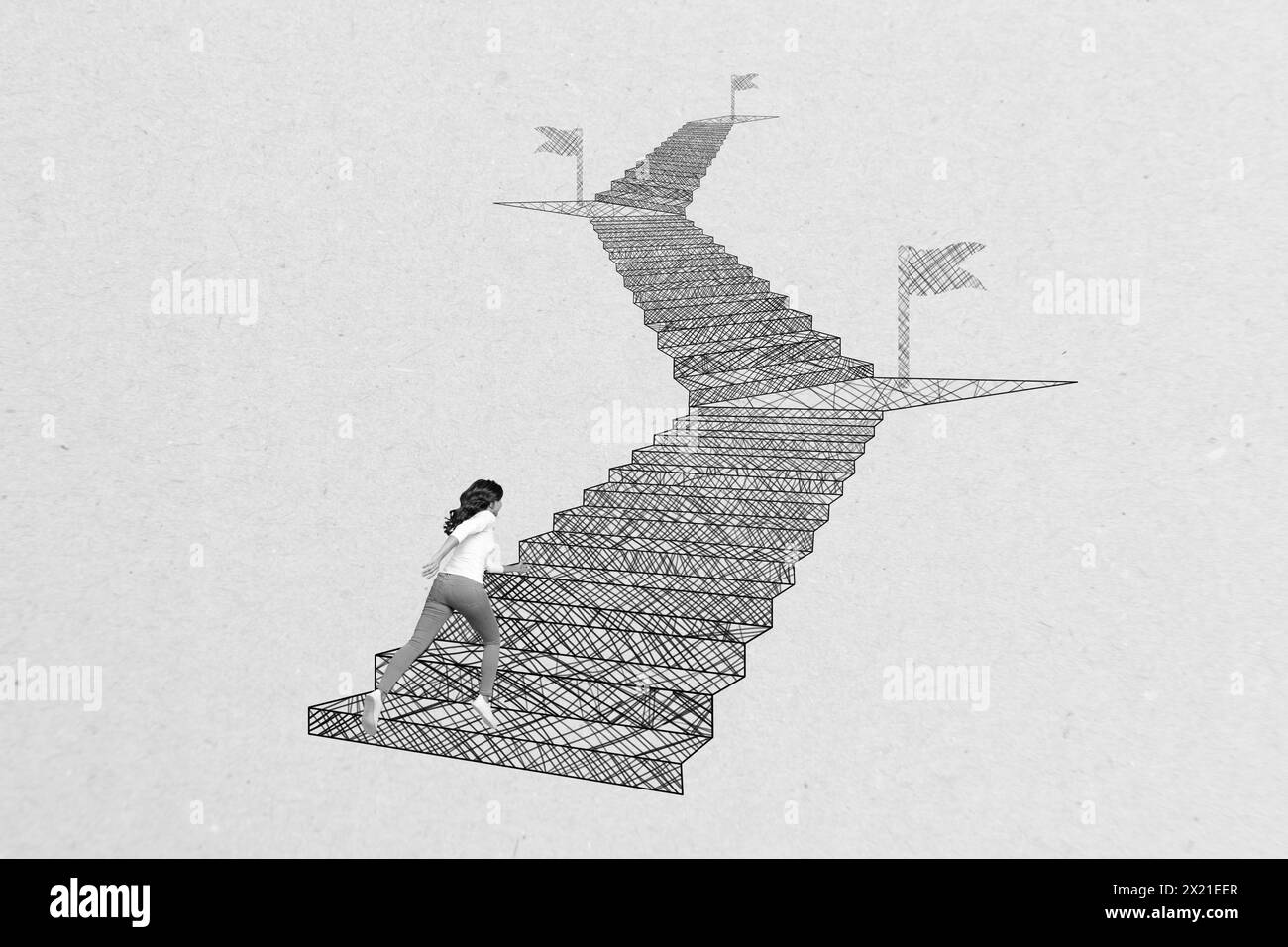 Creative image collage young running girl upstairs climb ladder reach ...