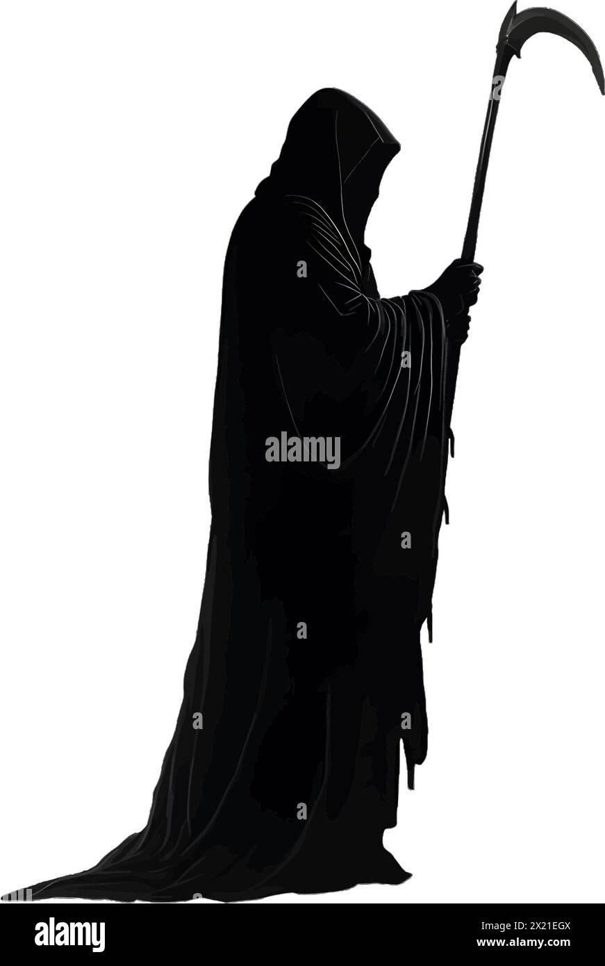 Vector illustration of a reaper with a scythe in black silhouette ...