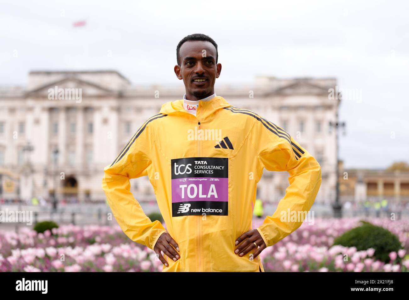 Ethiopia's Tamirat Tola in front of Buckingham Palace ahead of the elite men's press conference ...