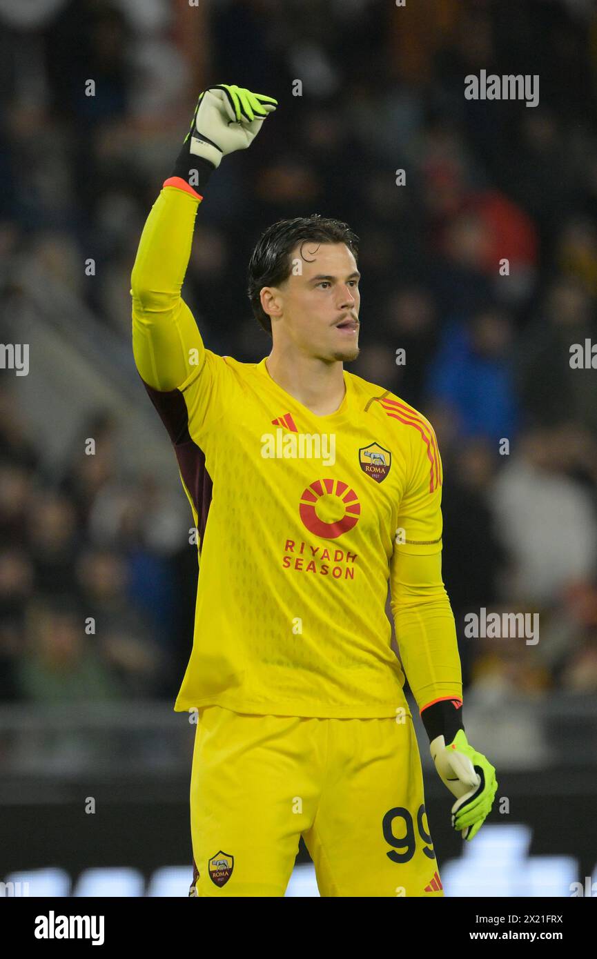 Rome, Italy. 18th Apr, 2024. Roma's goalkeeper Mile Svilar during the ...