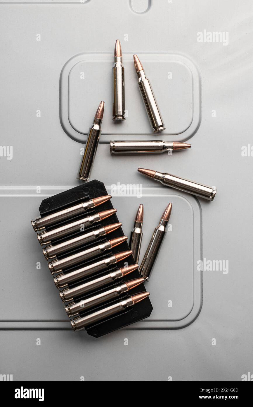 .223 caliber cartridges in silver cases on brushed metal. Ammunition ...
