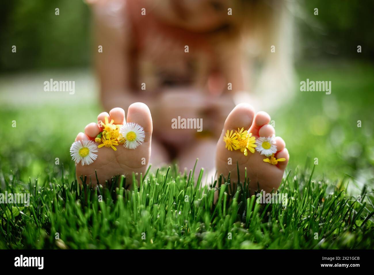 Wildflowers between little toes of child in grass Stock Photo - Alamy
