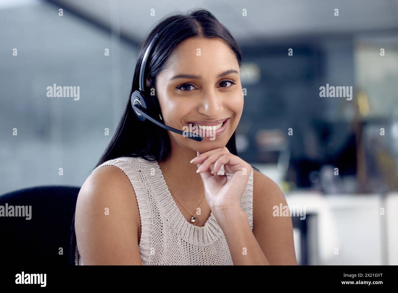 Call center, portrait and smile of indian woman in telemarketing office ...