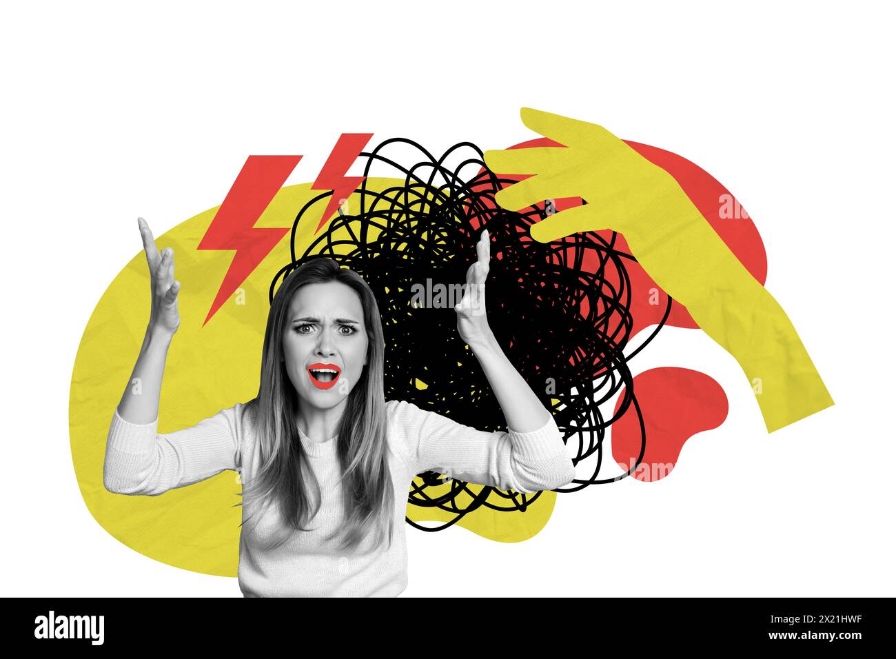 Creative photo collage picture young irritated woman drawing doodles ...