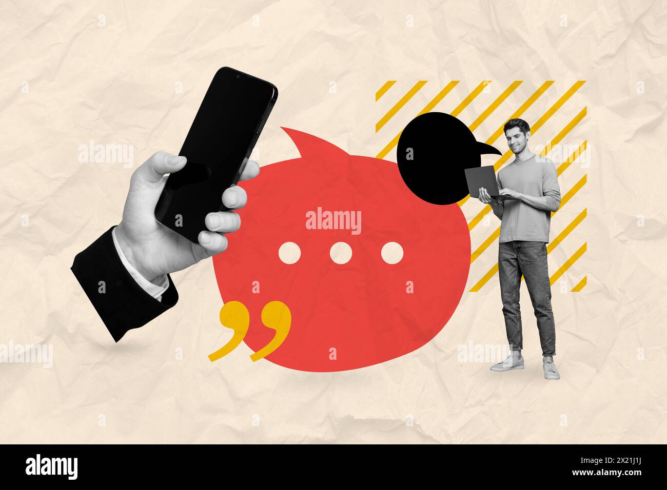 Photo collage picture standing young man hold laptop smartphone device ...