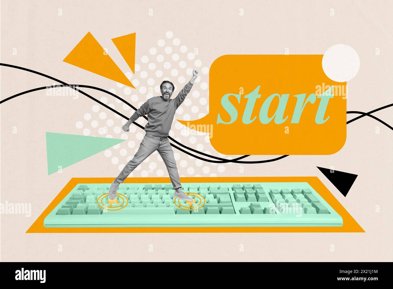 Creative collage happy energetic mature man superhero start phrase ...