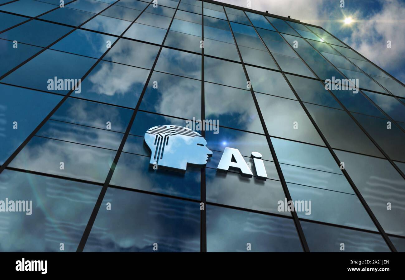 Artificial Intelligence glass building concept. AI head symbol on front ...