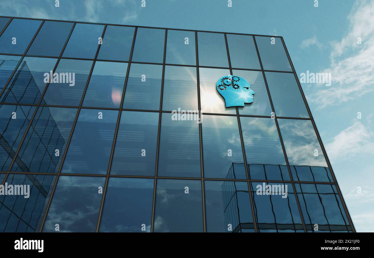 Artificial Intelligence glass building concept. AI head symbol on front ...