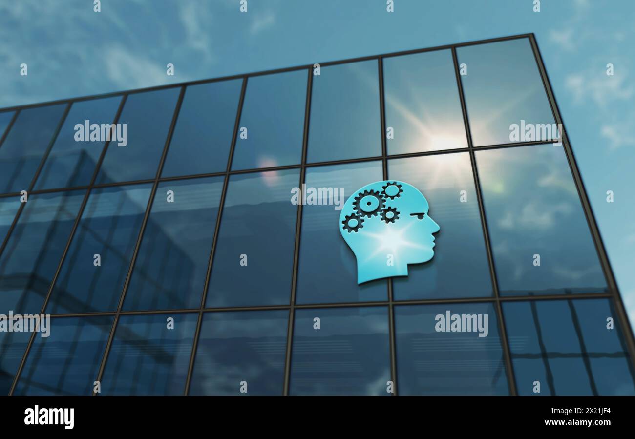 Artificial Intelligence glass building concept. AI head symbol on front ...