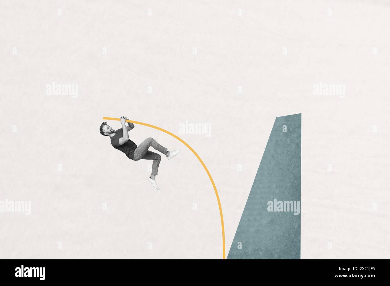 Creative collage picture young man jumping stick reach cliff mountain ...