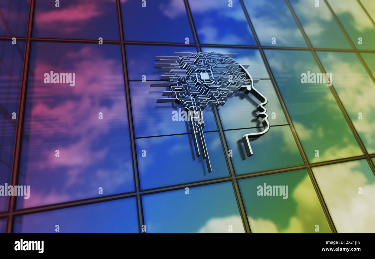 Artificial Intelligence glass building concept. AI head symbol on front ...