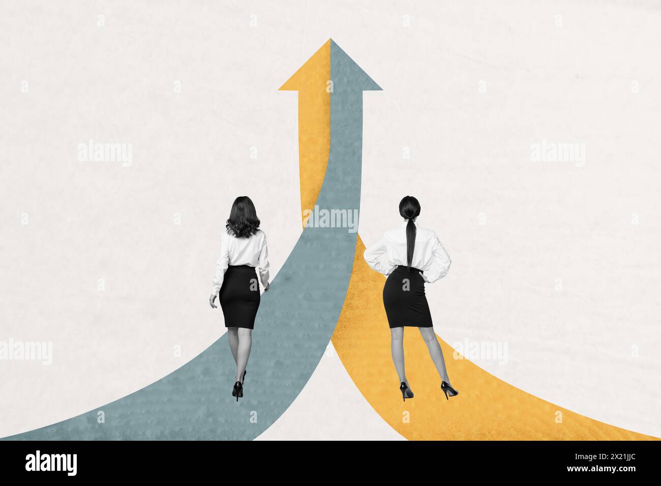 Collage standing two businesswomen colleagues path success achievement ...