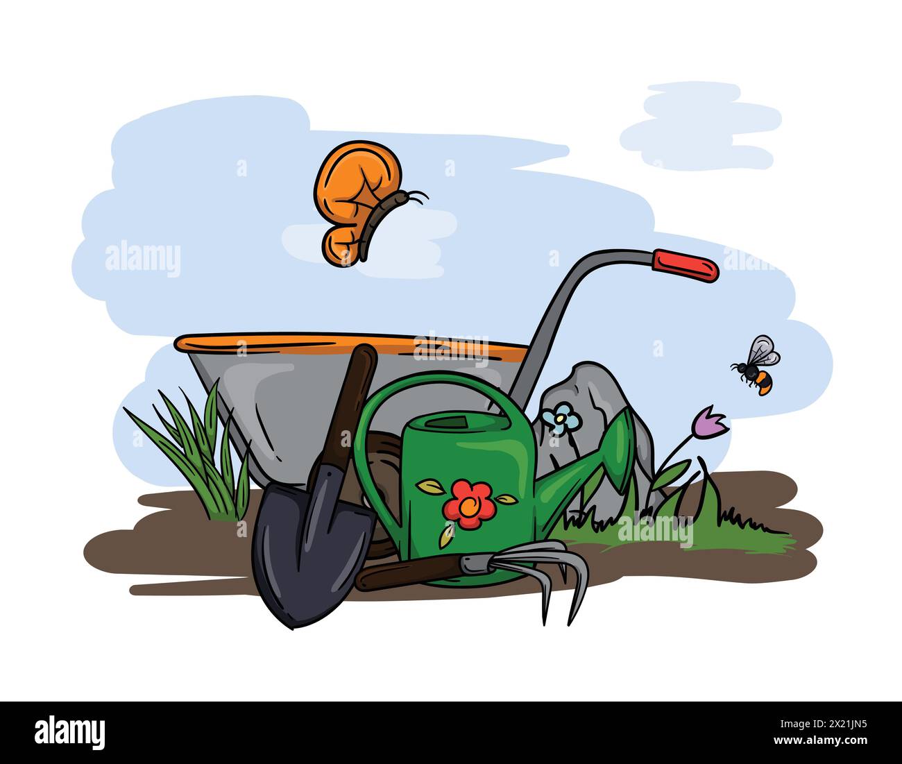 Bright vector hand drawn illustration of garden tools, watering can ...