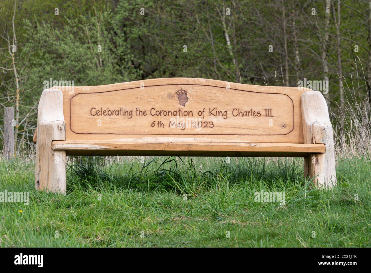 Commemorative wooden bench celebrating the coronation of King Charles ...