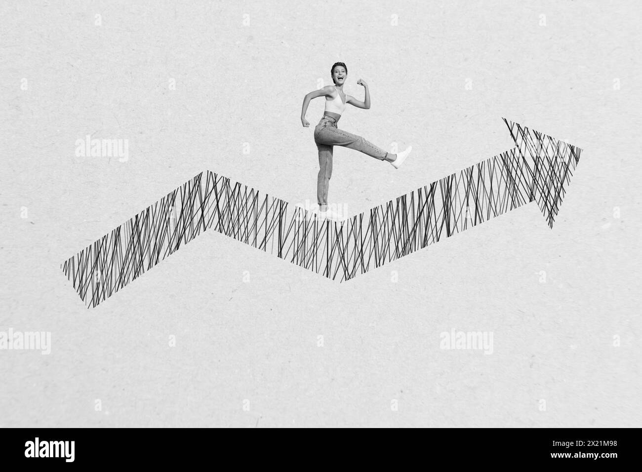 Collage young funky girl determined persistent happy walk reach target ...