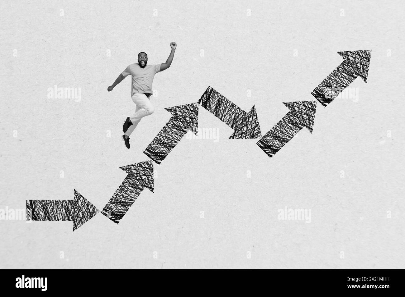 Creative collage young energetic cheerful man reach success top results ...