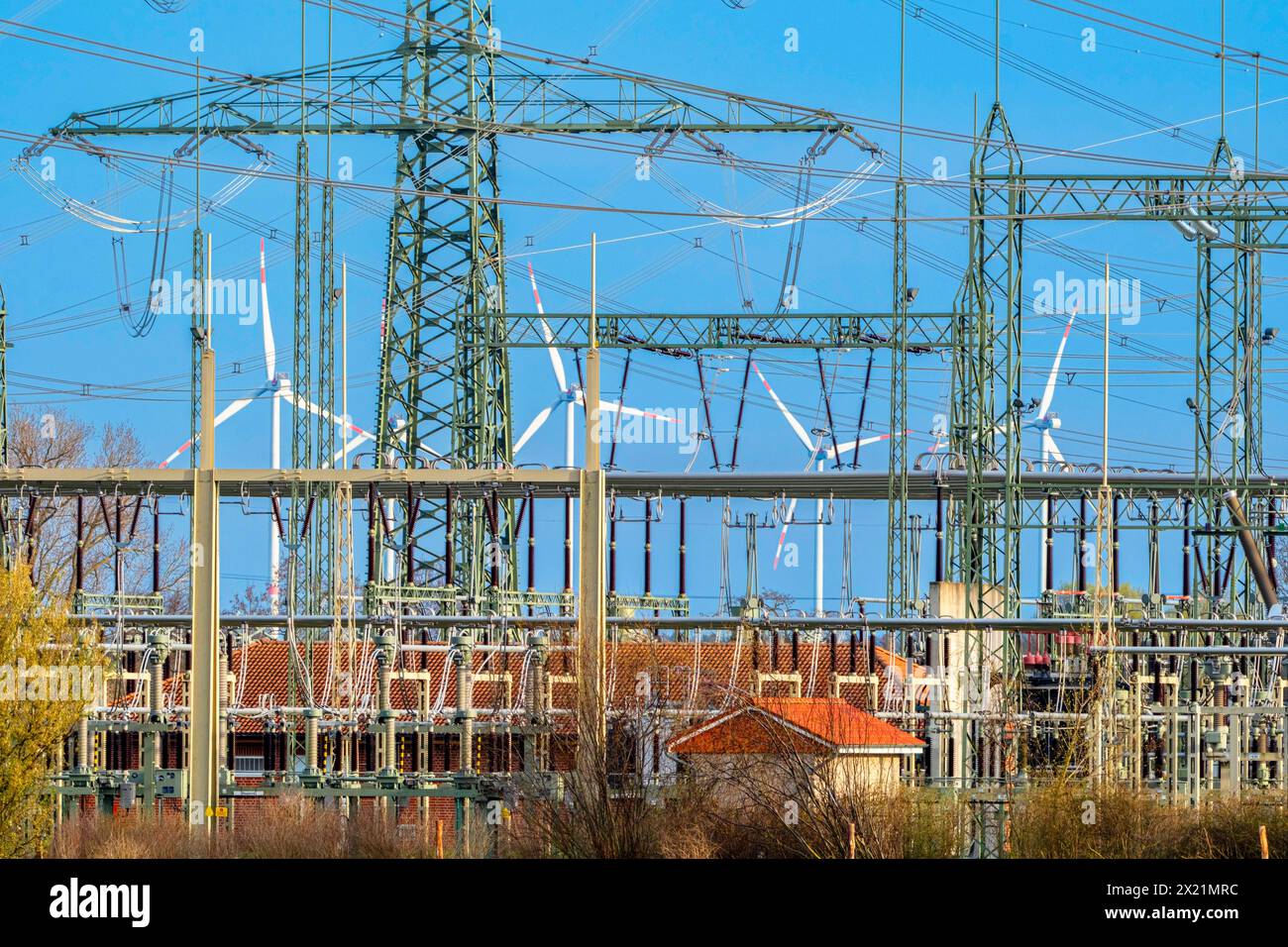 Stendal West substation with wind turbines in the background near ...