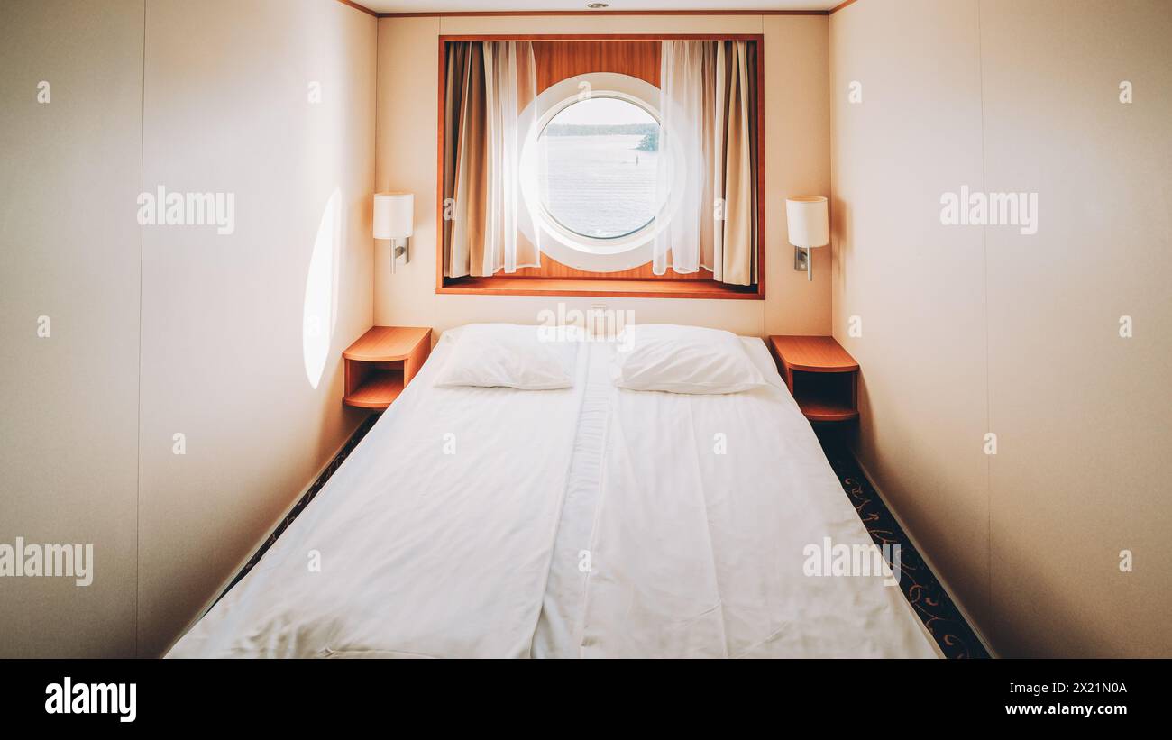 Ship Cabin With Bed And Window With View On Sea. Luxury Cabin On Ferry ...