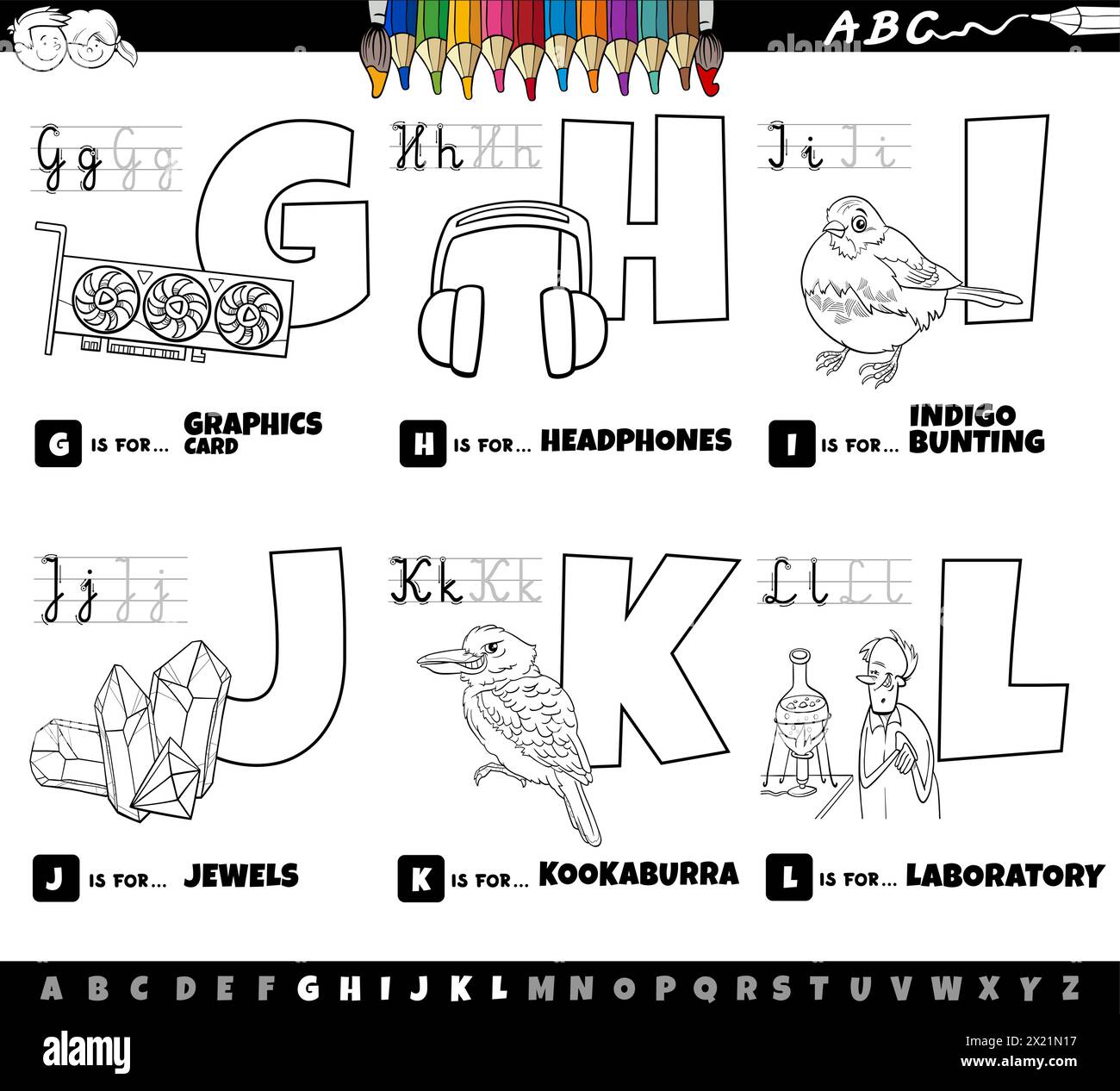 Black and white cartoon illustration of capital letters from alphabet ...