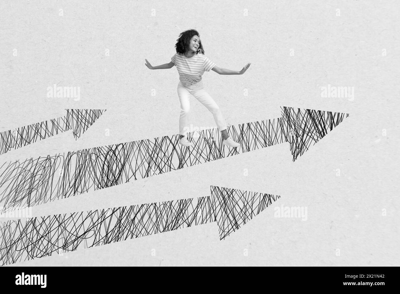 Photo creative collage picture young girl surfer go forward arrow ...