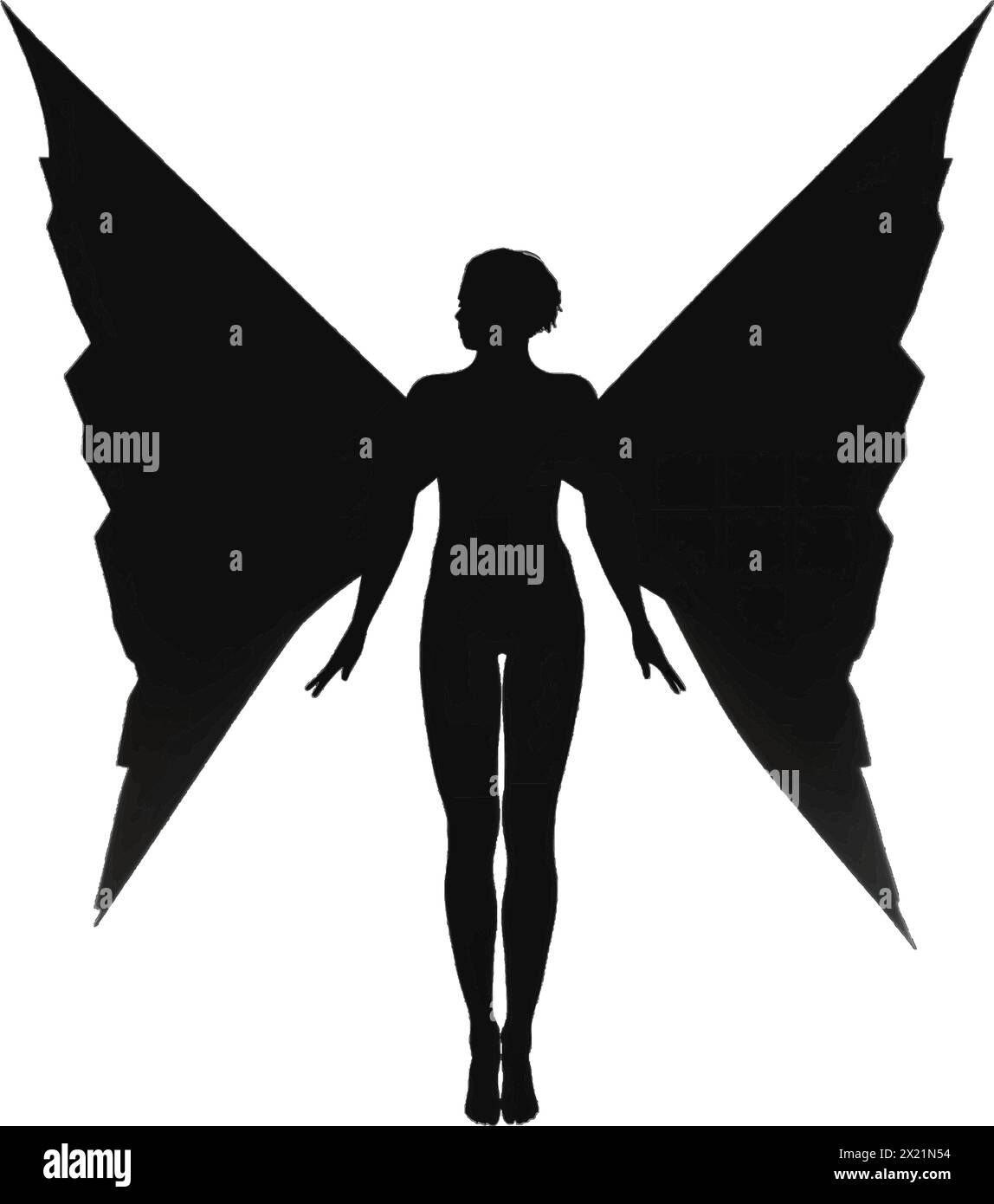 Vector illustration of an angel, elf in black silhouette against a ...