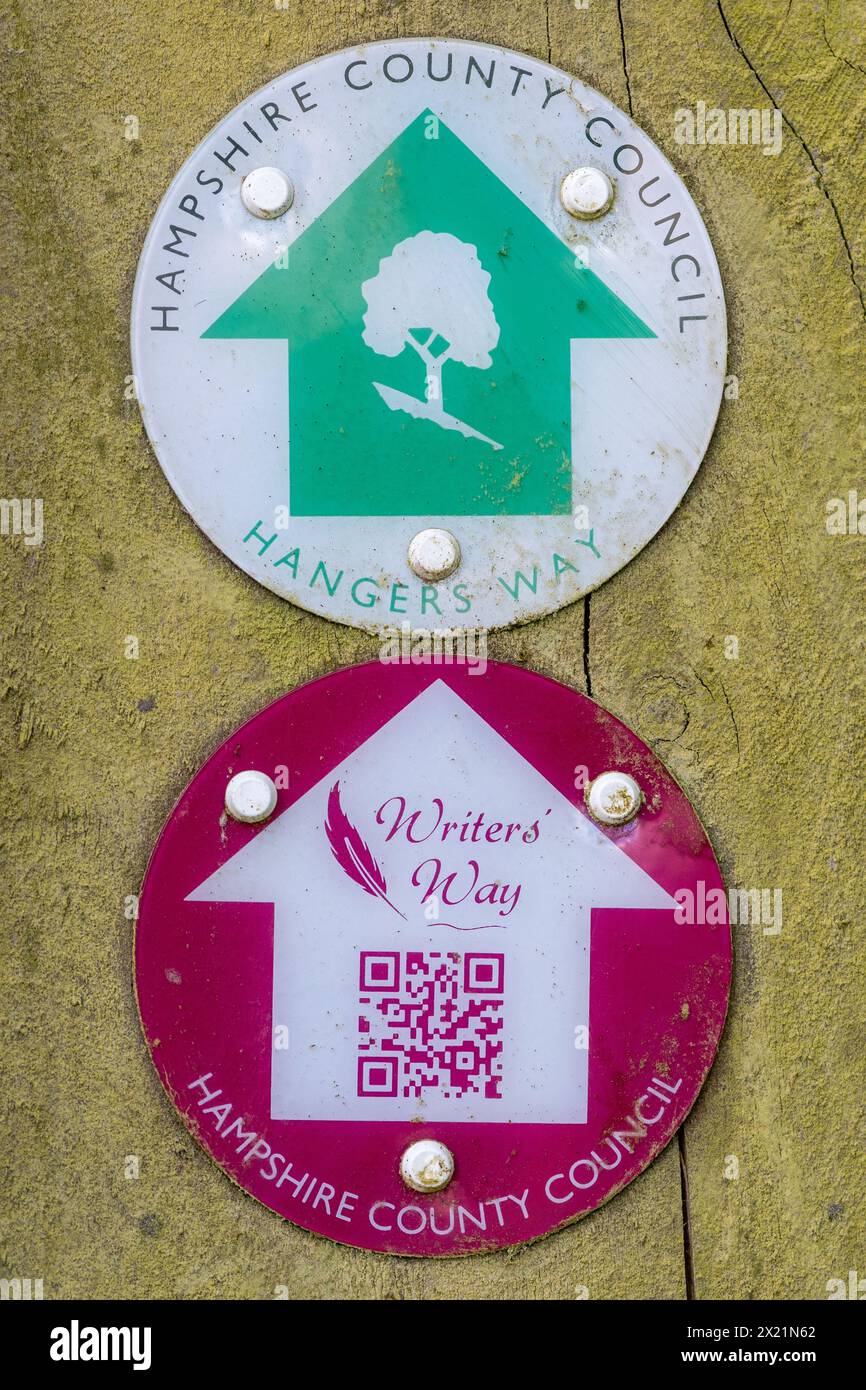 Hangers Way and Writers Way footpath marker markers on post, Hampshire Country Council sign for ...