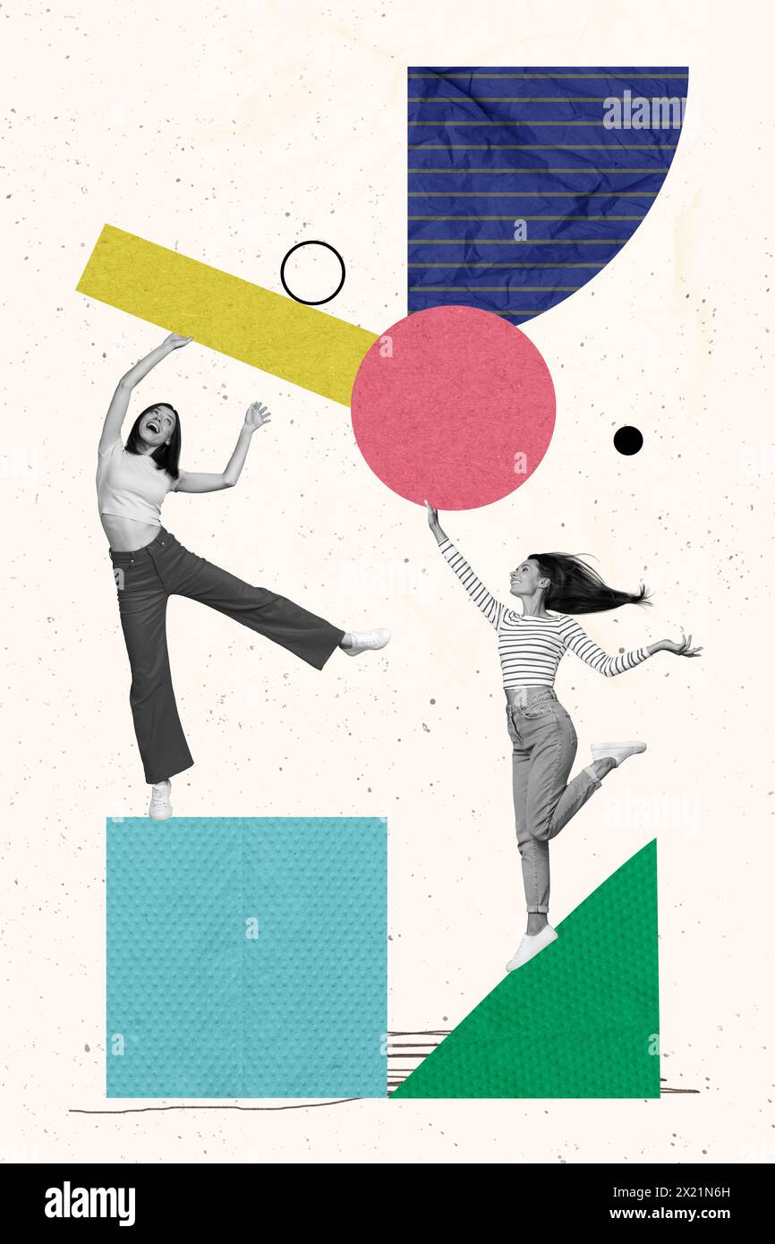 Vertical creative poster collage two young woman have fun cooperation ...