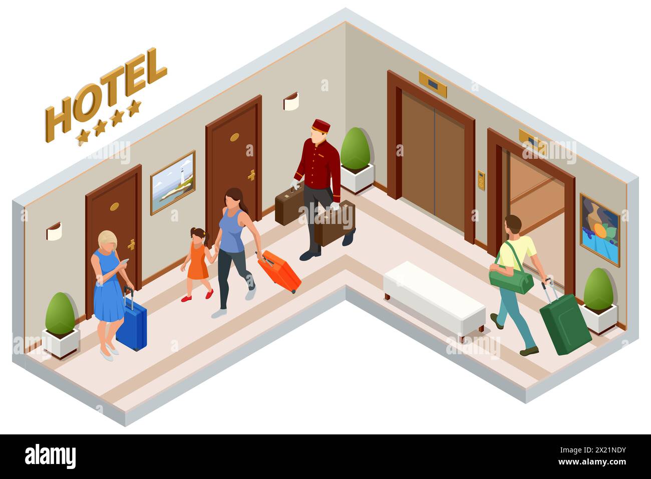 Isometric Porter with Baggage, Bellhop in Uniform. A porter carries ...