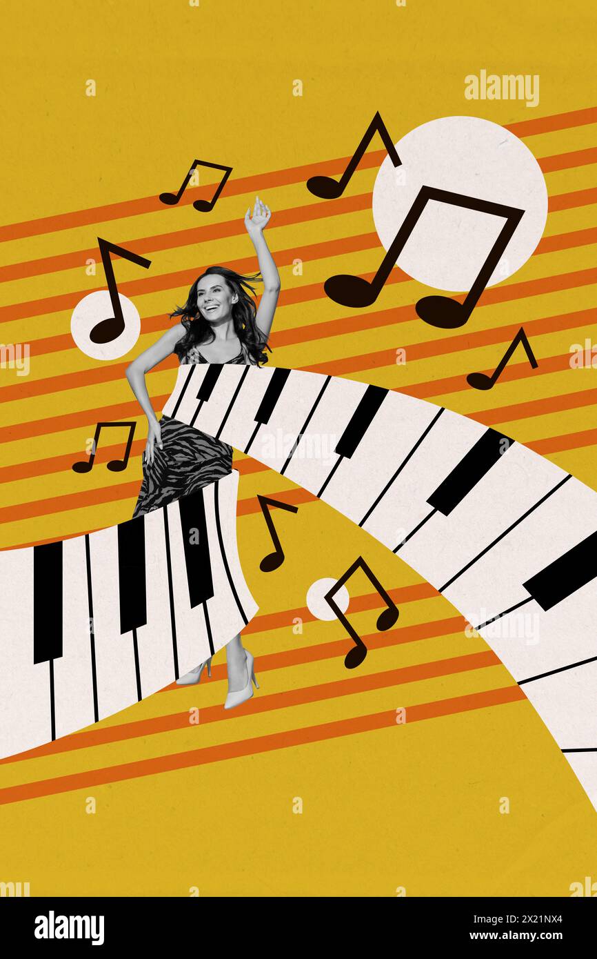 Creative vertical collage dancing charming woman nightparty music ...