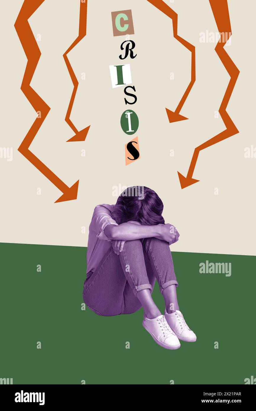 Vertical photo collage of upset depressed girl hug knees arrow down ...