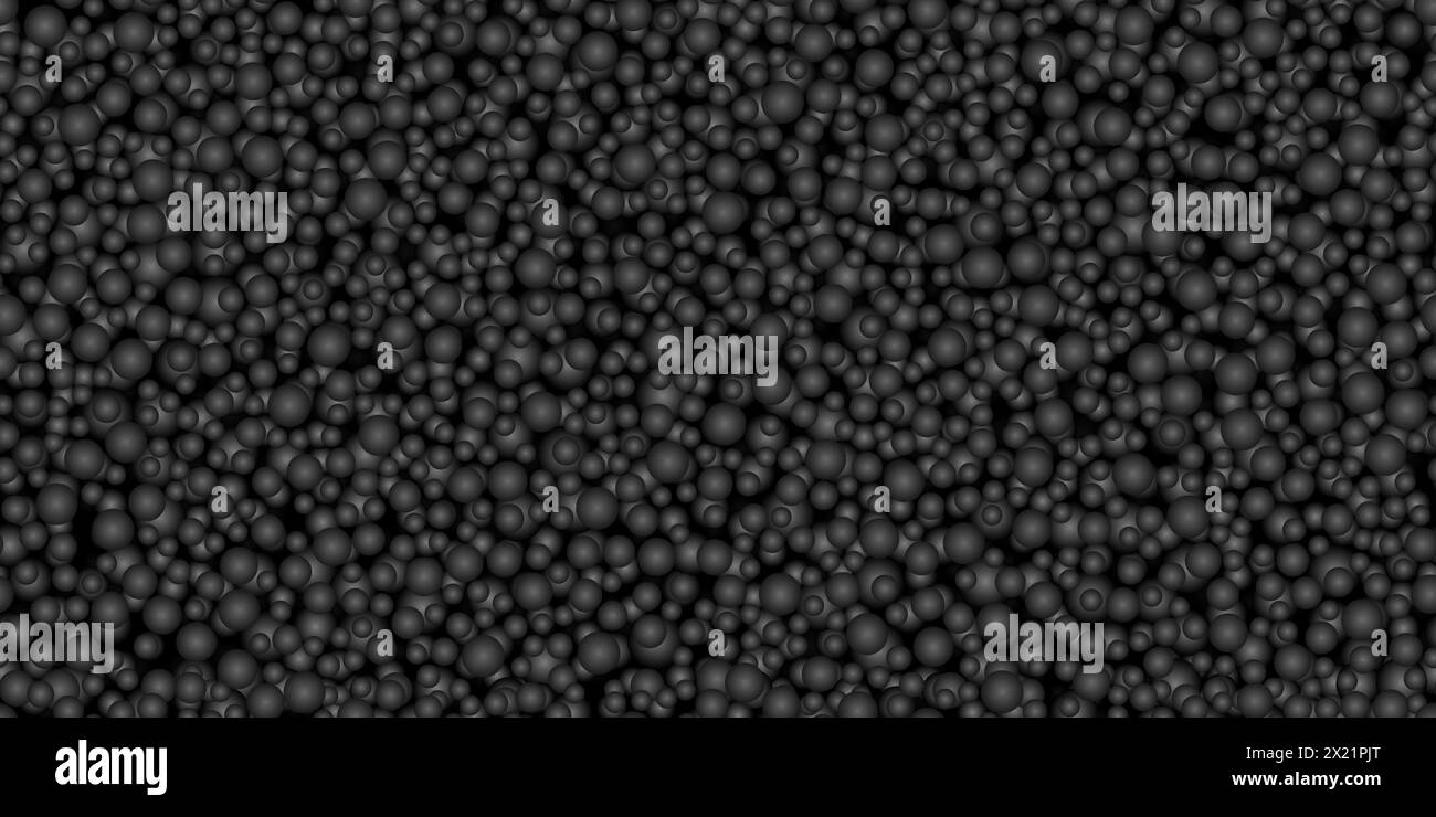 Black abstract background with seamless pattern of styrofoam balls. Opaque dark plastic bubbles ...