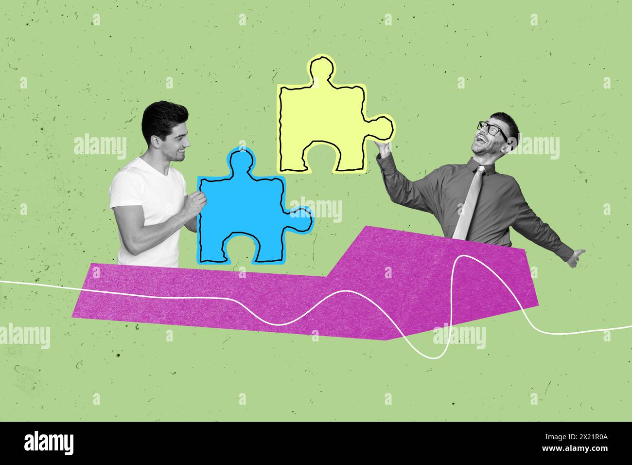 Creative collage image young two men matching connecting puzzle ...