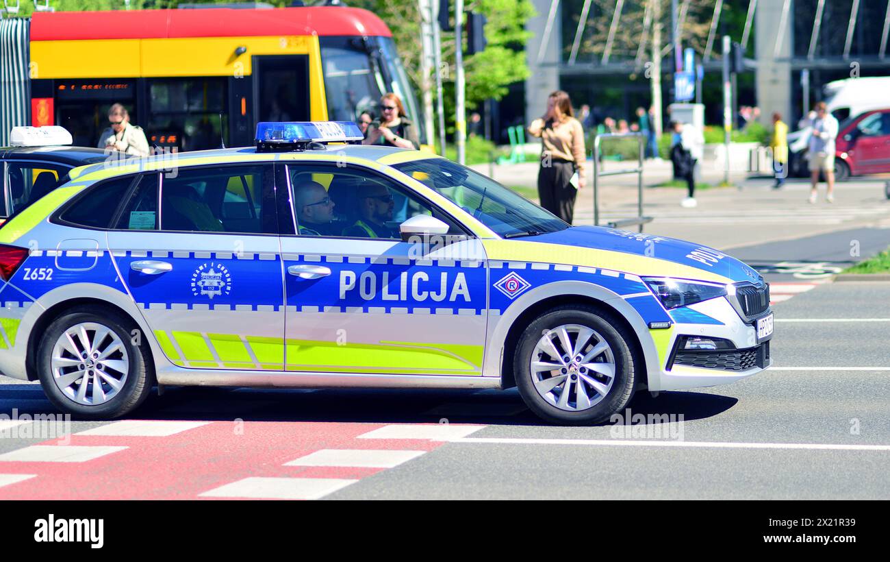 Warsaw, Poland. 11 April 2024. Police sign on police car. Polish police ...