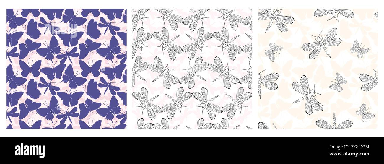 Dragonfly silhouette vector seamless pattern set background for textile ...