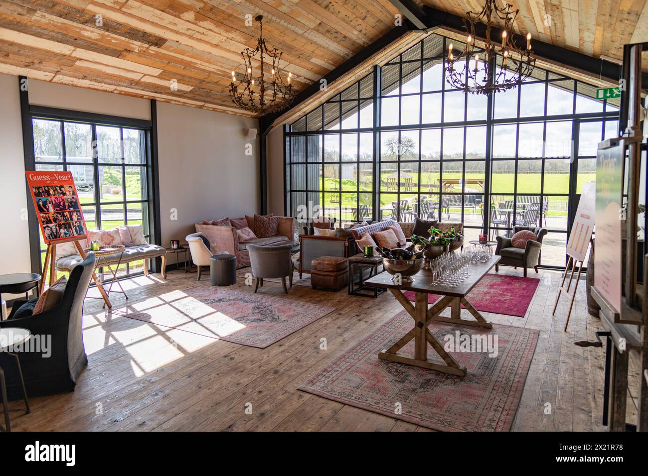An empty reception venue for a wedding at Botley Hill Farm in Surrey ...