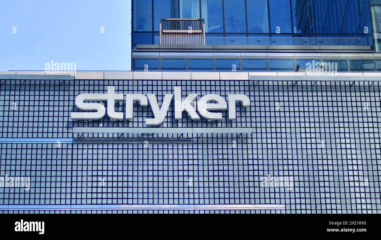 Warsaw, Poland. 11 April 2024. Sign Stryker. Company signboard Stryker ...