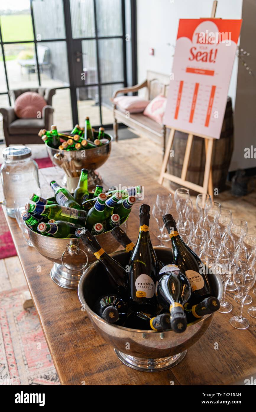 Beer, champagne, and prosecco bottles in ice buckets for guests at ...
