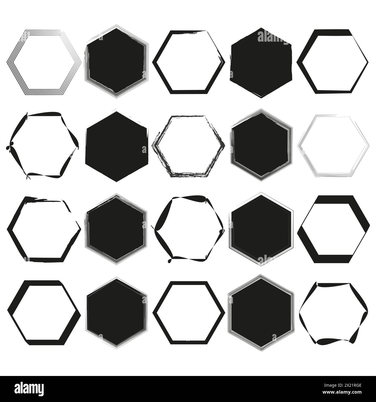 Hexagon variations set. Geometric shapes diversity. Outline and filled ...