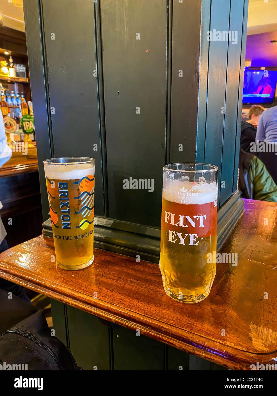 Two beer - Flint Eye and Brixton - is displayed in a pub in London ...