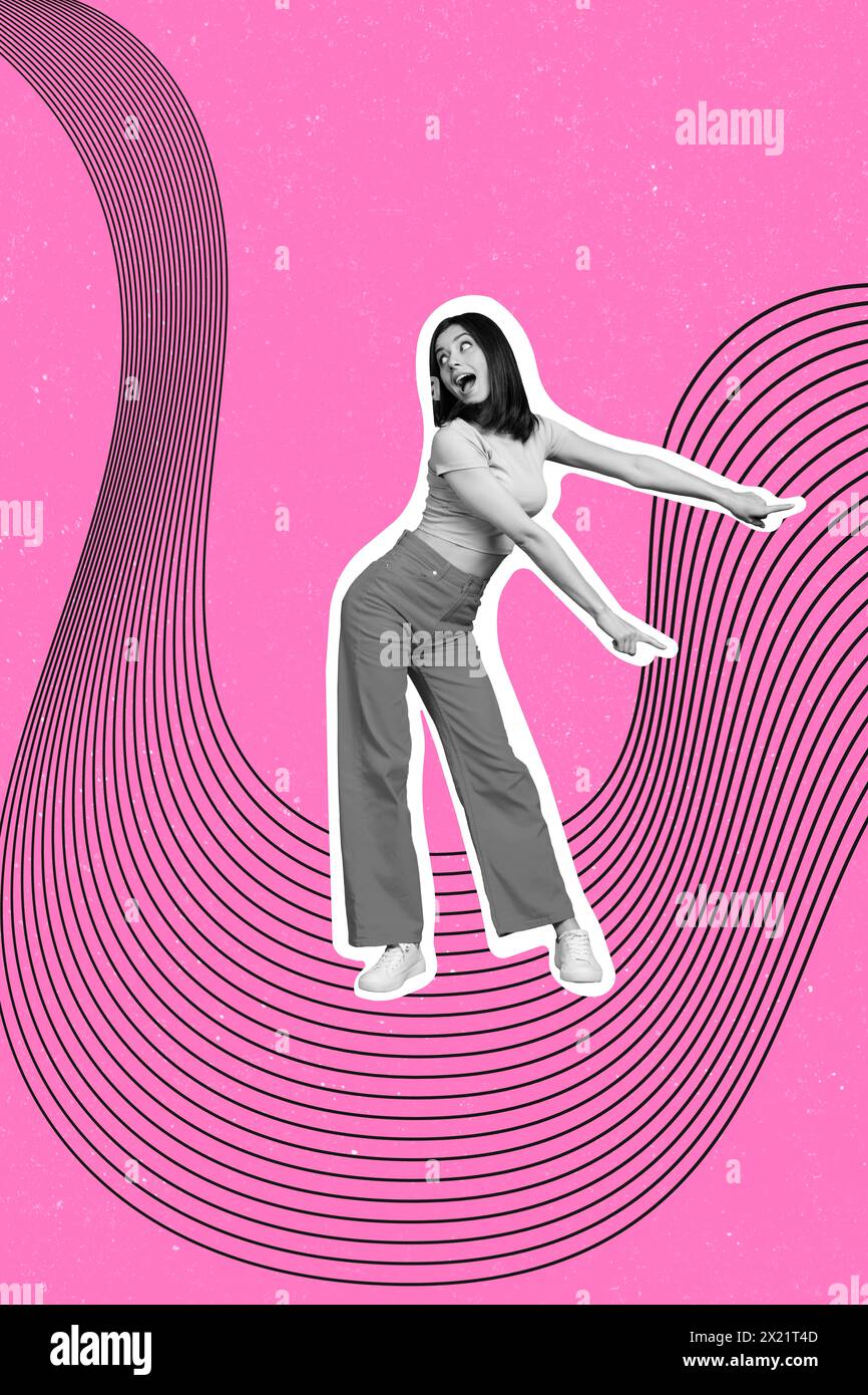 Vertical Collage Picture Of Carefree Cheerful Black White Colors Girl