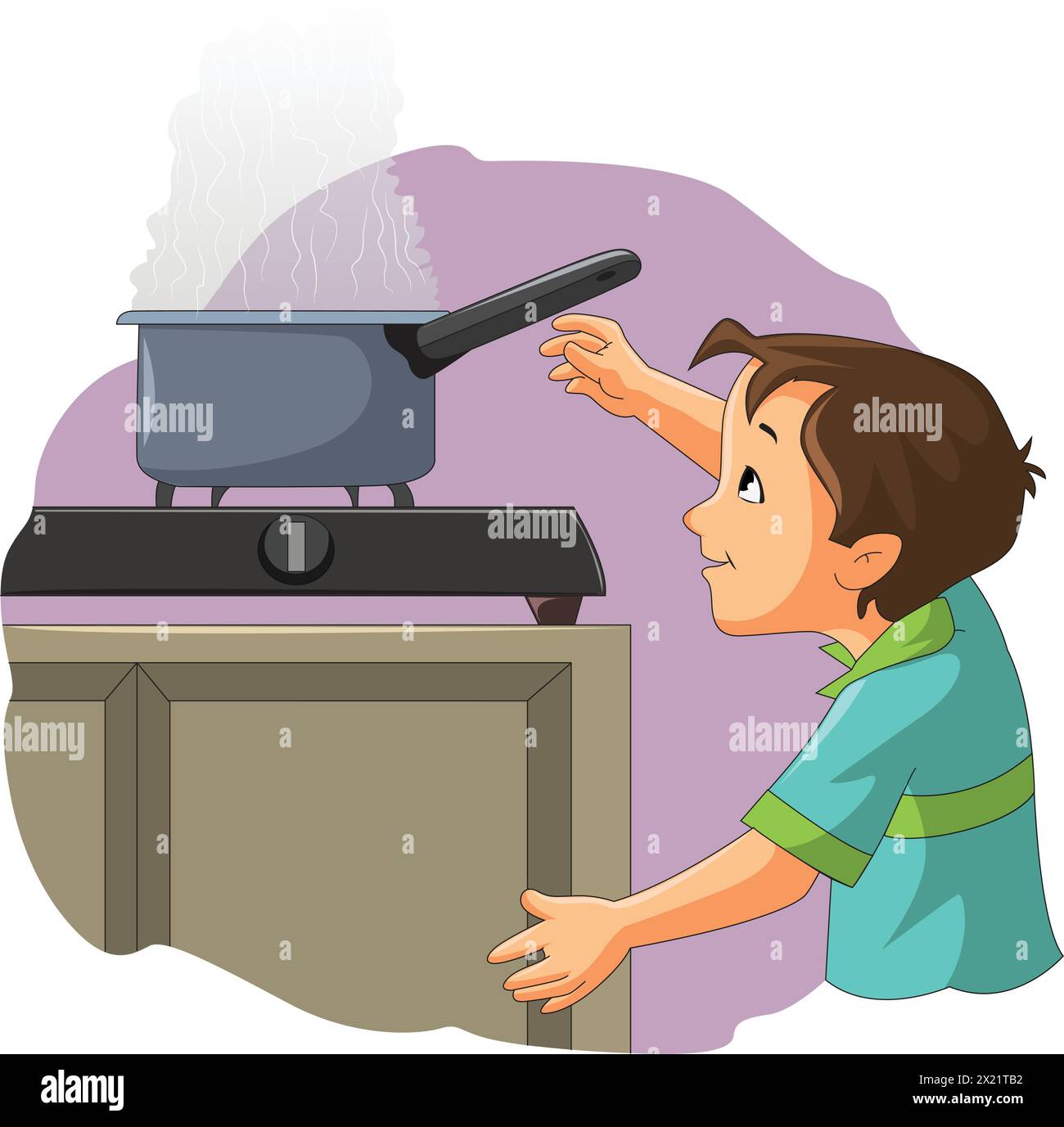 Curious boy eager to touch hot utensil placed on the gas vector ...