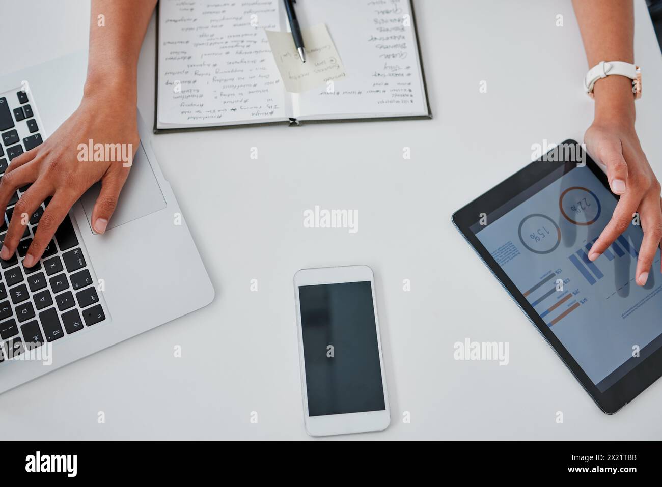 Business, girl and multitasking in office with technology for online ...