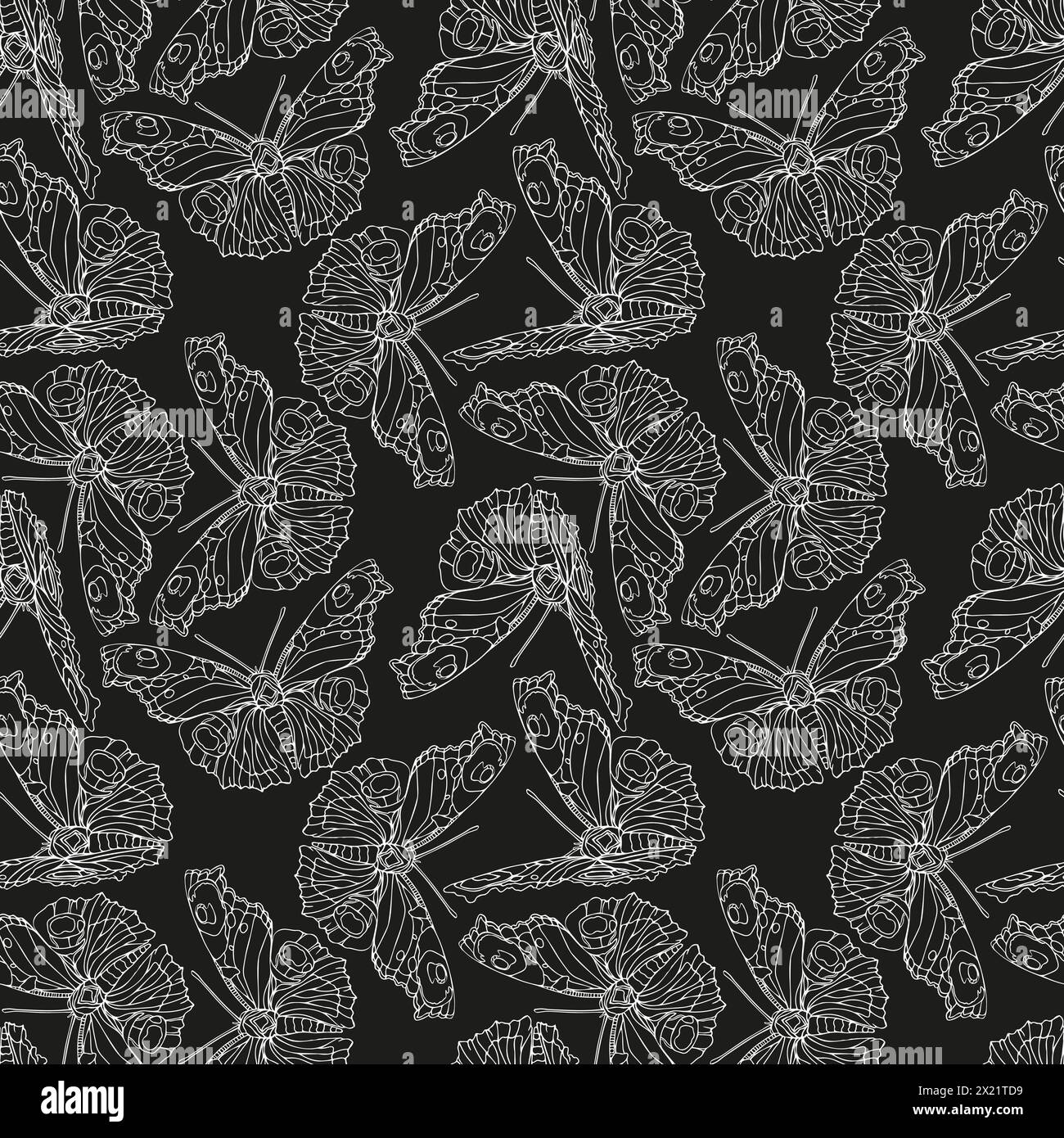 Butterflies black and white ink line vector symmetry seamless pattern ...