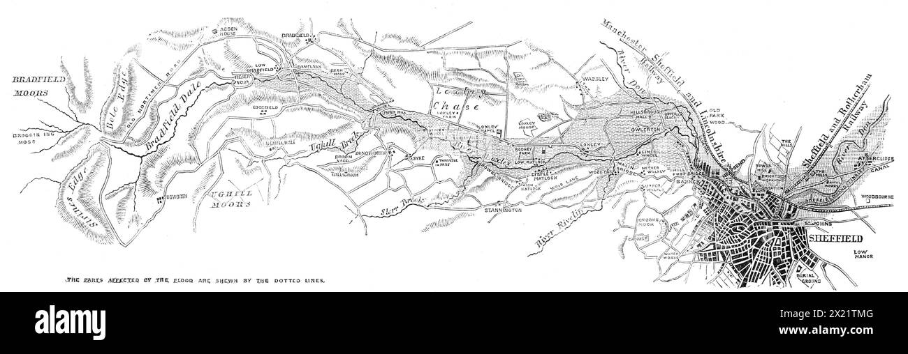 The Flood at Sheffield: plan of the Loxley Valley, 1864. Map showing ...